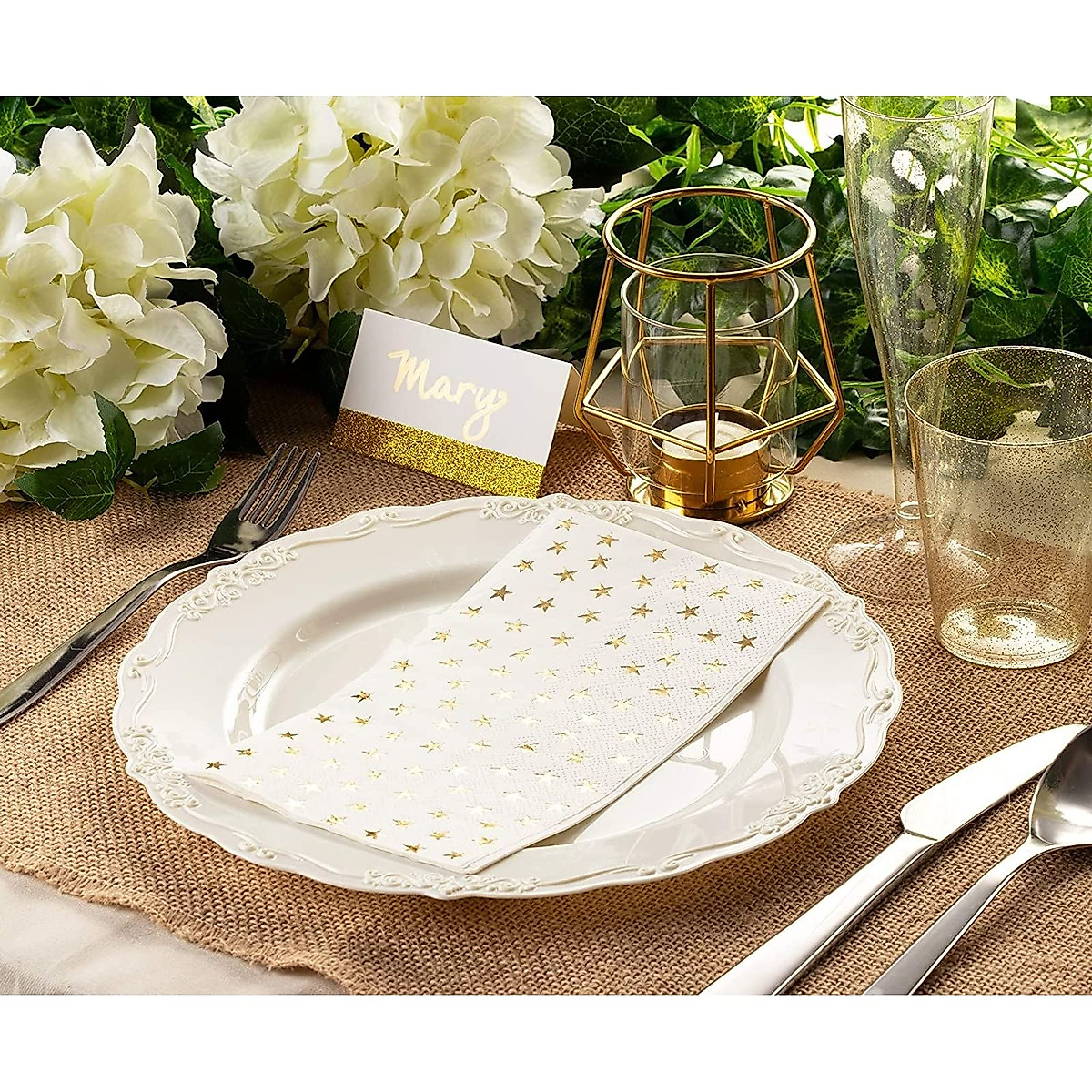 Juvale 50 Pack Gold Star Party Napkins - Disposable White and Gold Dinner Napkins for Birthday, Graduation (3-Ply, 4x8 In)