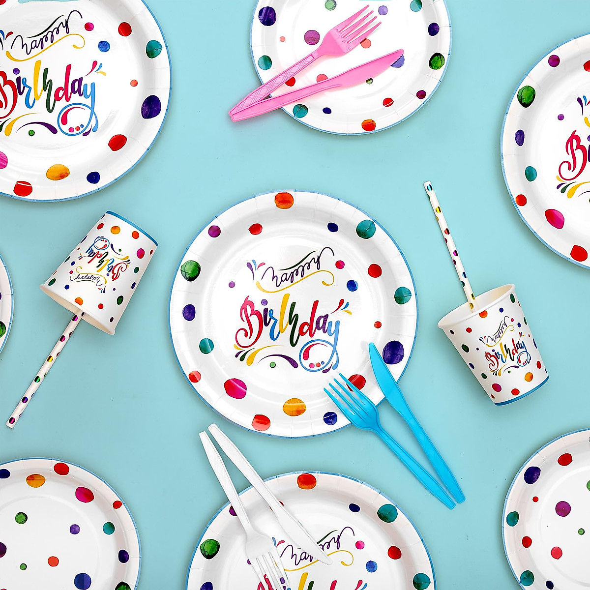 189PCS Birthday Plates and Napkins Party Supplies, Happy Birthday Plates Serve 24, Includes Happy Birthday Plates,Napkins,Tablecloth,Cups,Straws,Knives & Forks,Balloons for Kids Birthday Decorations