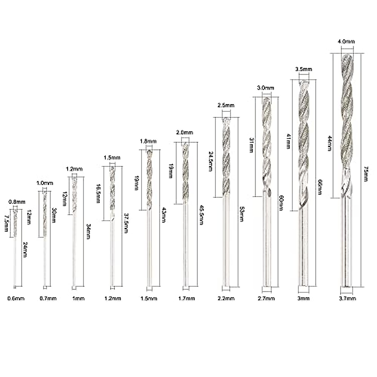 uxcell 0.8mm - 4.0mm Diamond Twist Drill Bit Set High Speed Steel for Glass Seashells Stone Tiles Set of 10pcs