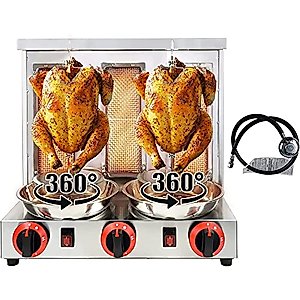 XGN Shawarma Machine 3 Burners Kebab Grill Vertical Rotisserie with 2 Auto Spinning spits for Meat Rotisserie, Chicken Roast, Silver
