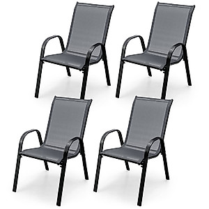 Giantex Set of 4 Patio Chairs, Outdoor Stackable Dining Chairs w/Armrests, 330 LBS Capacity, All Weather Fabric, Heavy Duty Rustproof Steel Frame, Lawn Chairs for Porch, Yard, Pool, Garden (Gray)