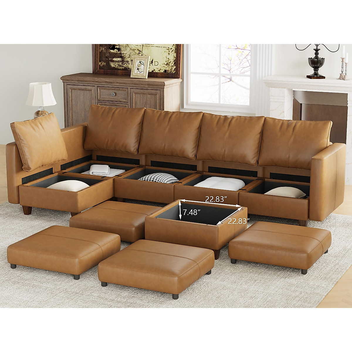 EASE MOOSE Customizable Modular Sectional Sofa with Storage Ottomans, Faux Leather Sectional Couch Convertible Modular Sofa with Reversible Chaises