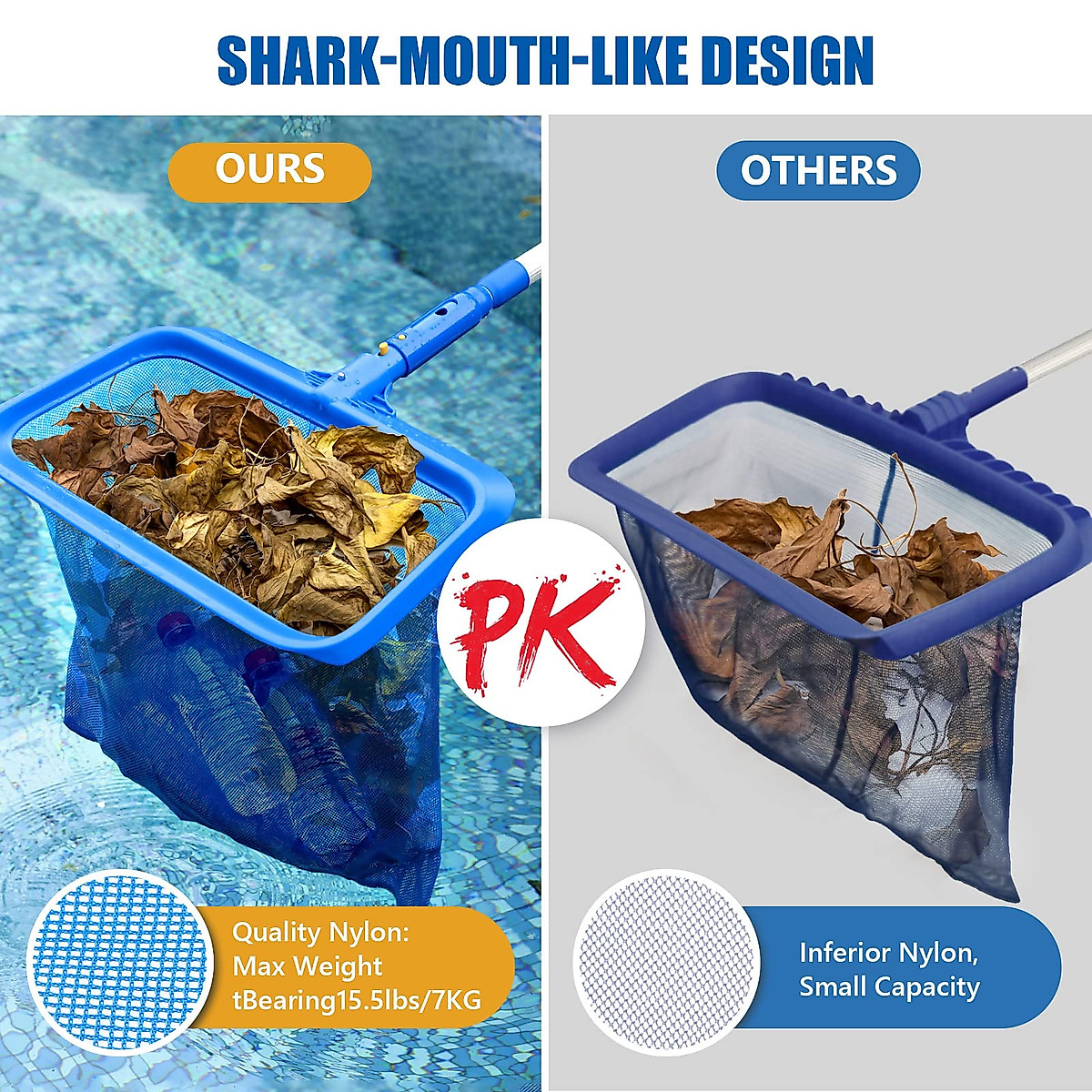 SORSWEET Pool Rake, Heavy Duty 17" Leaf Skimmer Net, Including EZ-Clip, Deep Bag Catcher, Pool Net for Cleaning Pool, Fits Standard 1-1/4" Pole, Pole Not Included