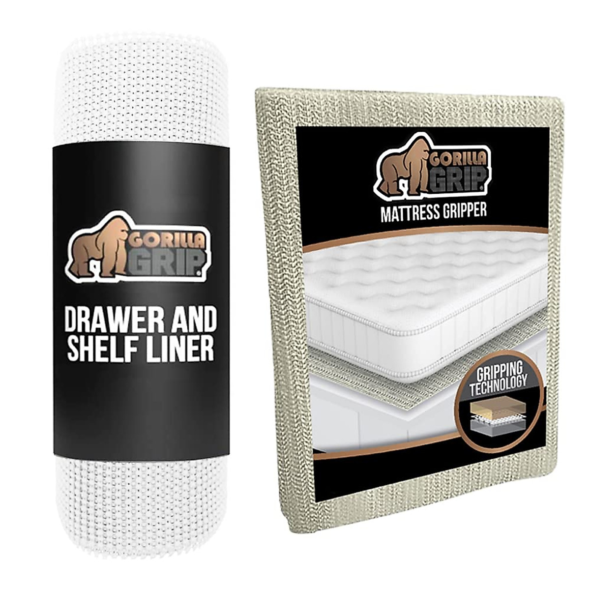 Gorilla Grip Drawer Liner and Mattress Gripper, Drawer Liner Size 12 in x 20 FT in White, Non Adhesive, Mattress Gripper Size Queen, Slip Resistant, Easy Trim, 2 Item Bundle