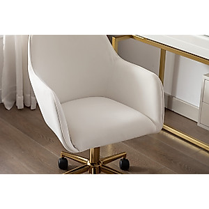 DBXII Modern 360°Swivel Velvet Office Chair Mid-Back Desk Chairs with Wheels Adjustable with Side Arms Gold Metal Base Cute Desk Chair for Bedroom, Home Office, Vanity Room (White + Velvet)