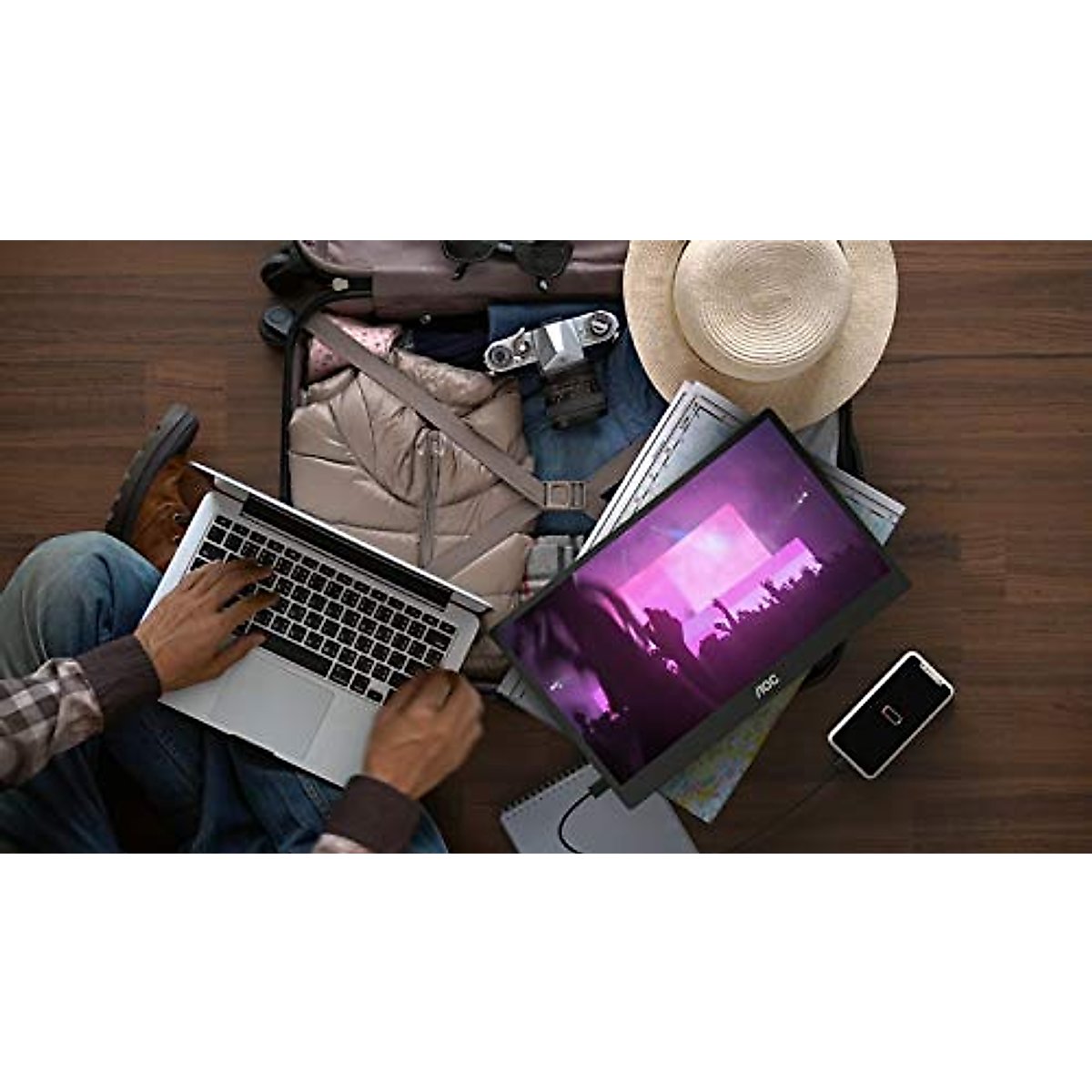 AOC 16T2 15.6" Full HD (1920 x 1080) Touch-enabled portable IPS monitor, USB-C and Micro HDMI inputs, Built-in battery, Stereo speakers, SmartCover, AutoPivot, VESA. For laptops, PC, Mac, consoles