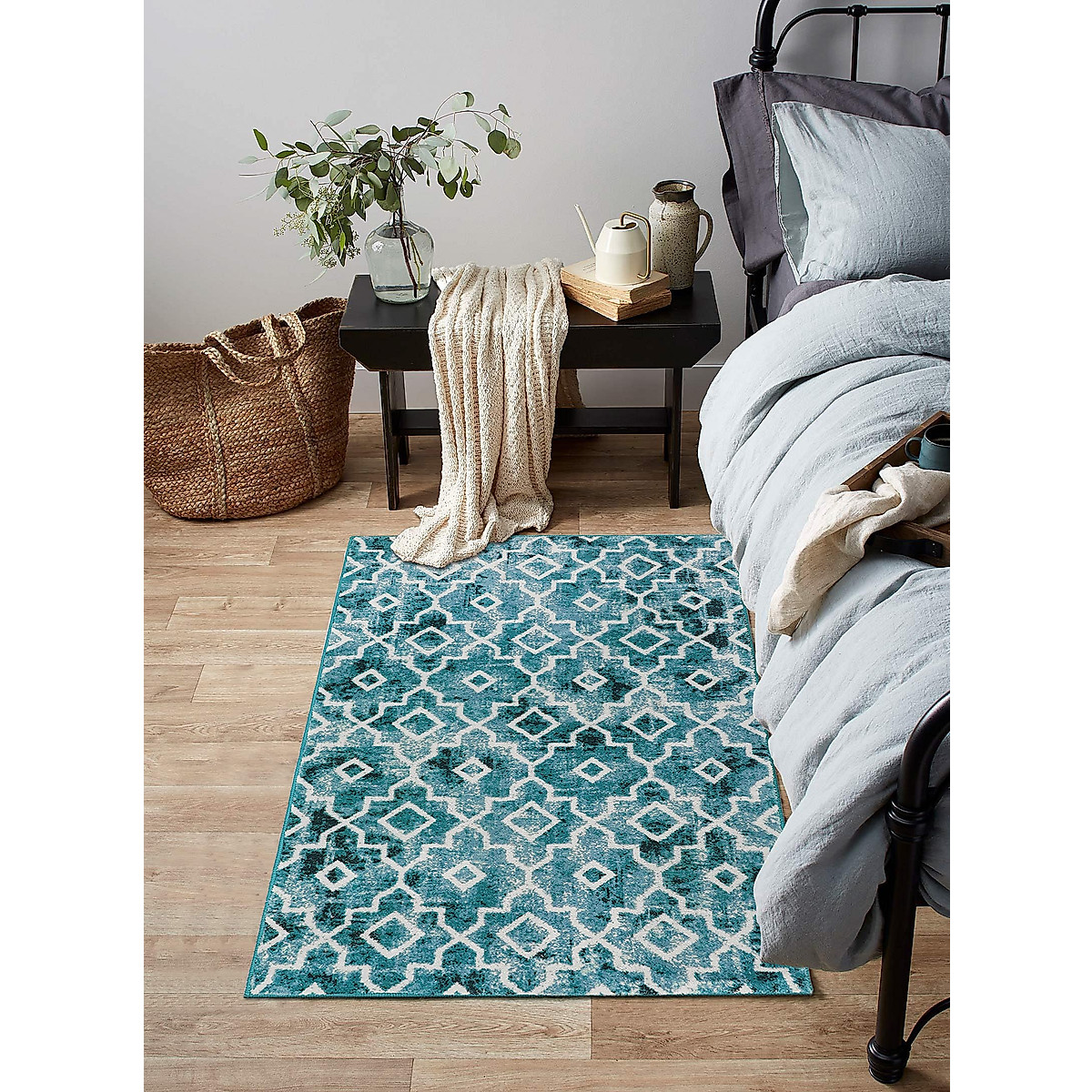 Wonnitar Moroccan Washable Area Rug - Small 2x3 Teal Distressed Entryway Rug Doormat Modern Geometric Non-Slip Throw Rug Faux Wool Floor Carpet for Bathroom Laundry Indoor Office (Teal,2'x3')