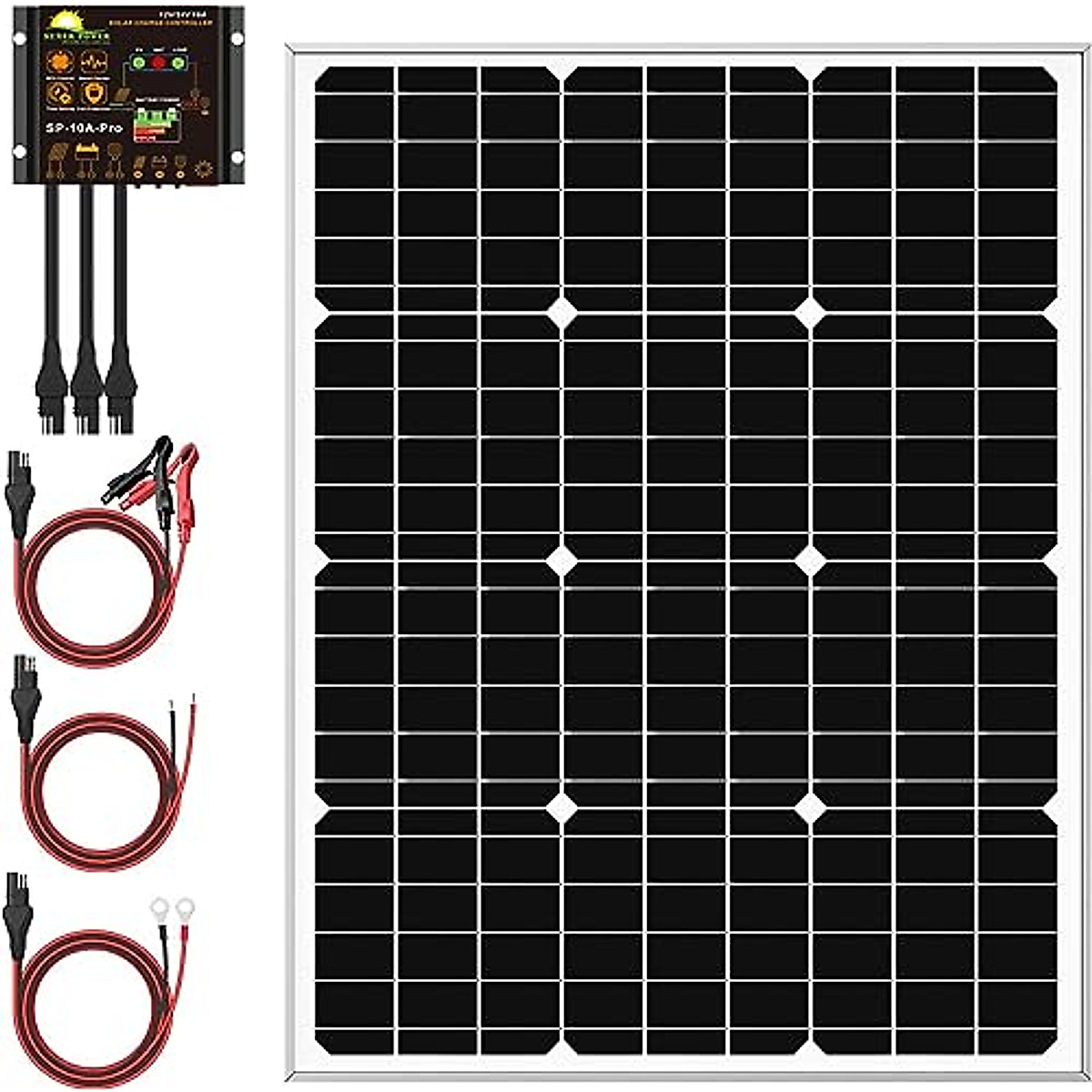 SUNER POWER 50 Watts Mono Crystalline 12V Solar Panel Kits - Waterproof 50W Solar Panel + Upgraded 10A Solar Charge Controller + 3-PCS SAE Cable Adapters for Car RV Marine Boat Trailer Off Grid System