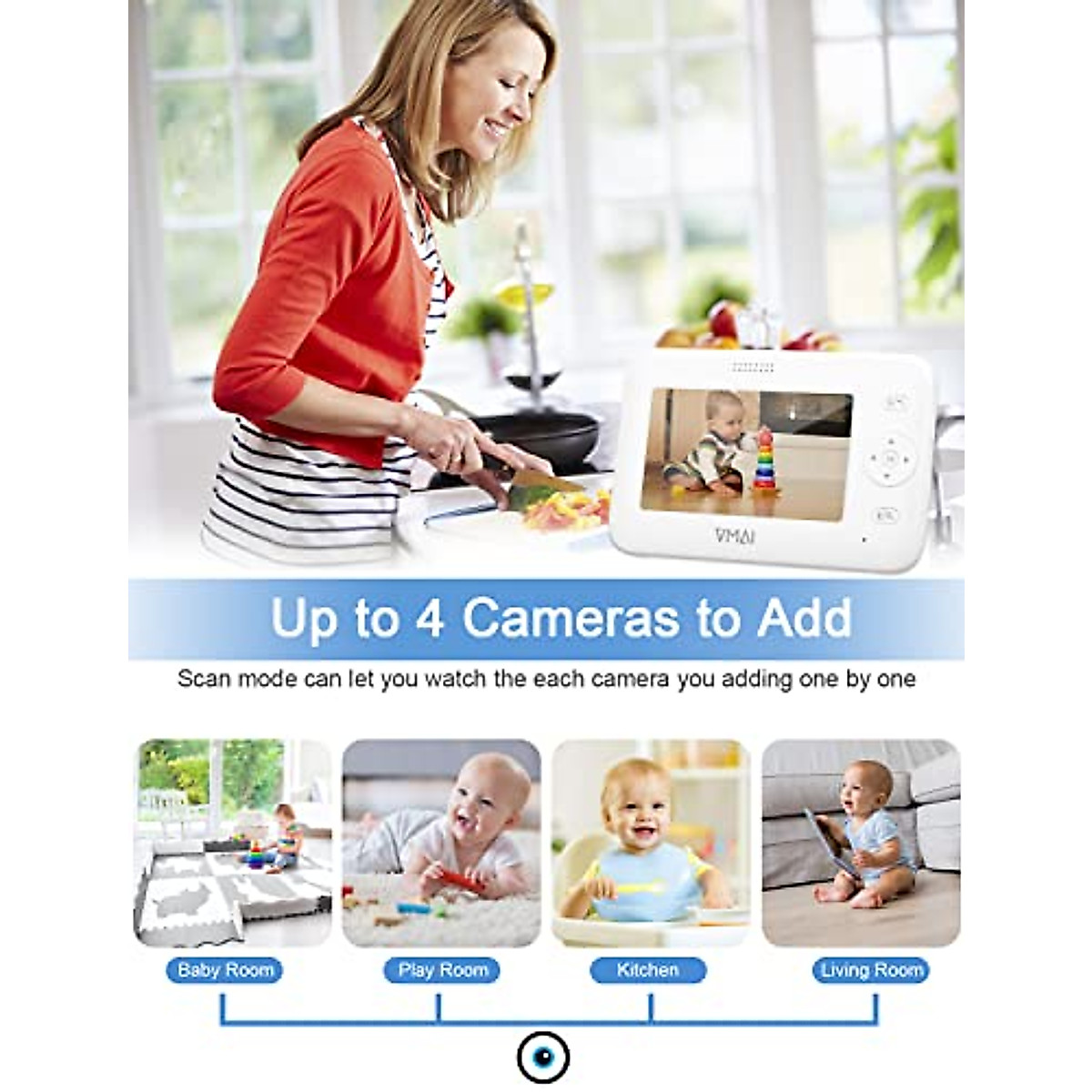 Baby Monitor, 4.3'' Video Baby Monitor with 2 Cameras, Night Vision, Temperature Monitoring, 5 Lullabies, 2-Way Talk, VOX Mode, Feeding Time Alarm, Support up to 4 Cams, 1000ft Stable Transmission