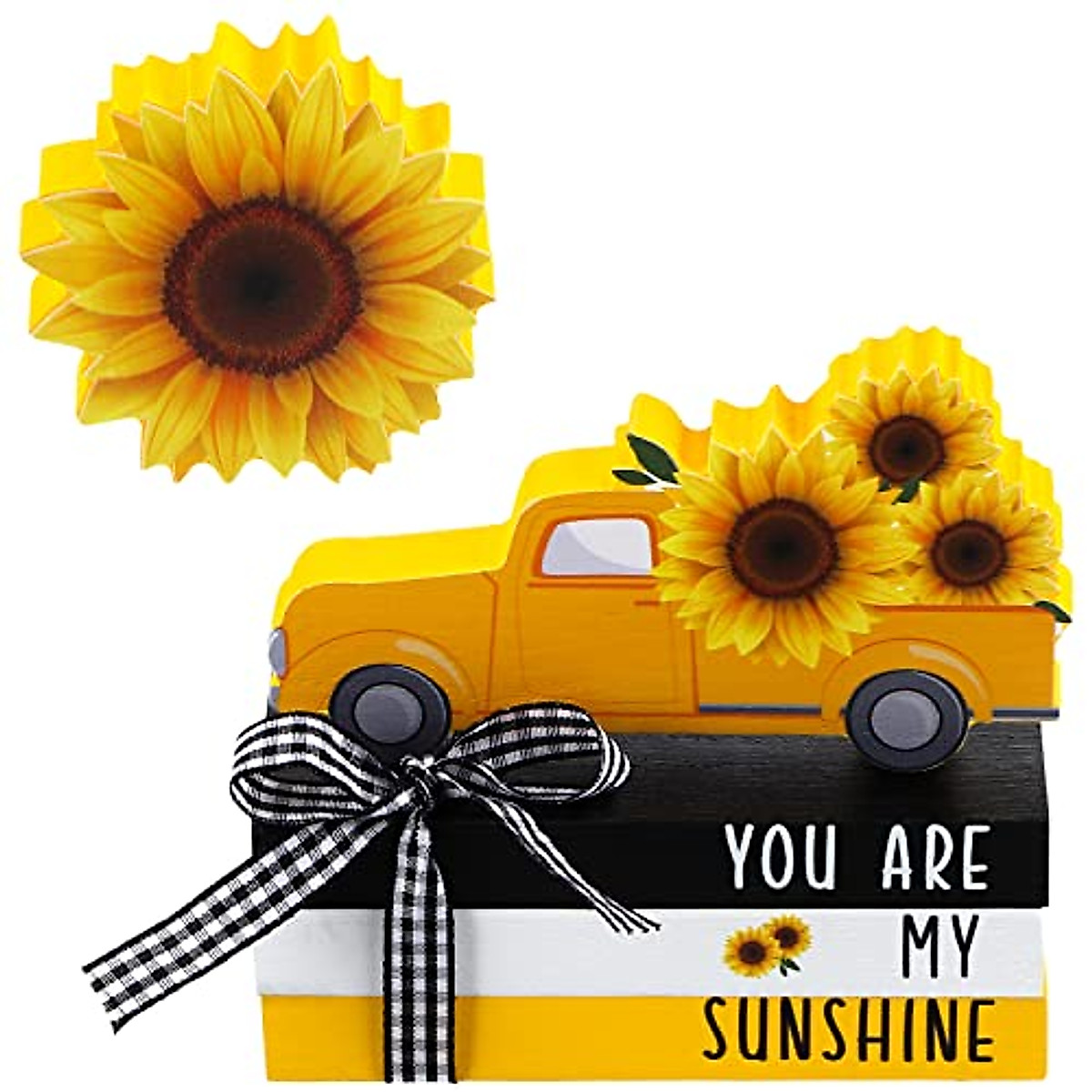 5 Pieces Spring Farmhouse Tiered Tray Decor Items Rustic Wooden Mini Truck Bundle Books Stack Sign for Spring Home Harvest Table Shelf Decorations (Sunflower Style)