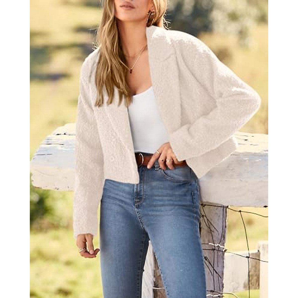 BTFBM 2023 Women's Fashion Fuzzy Fleece Short Jacket Fall Winter Lapel Button Down Outerwear Long Sleeve Faux Fur Coat(Solid Beige, Medium)