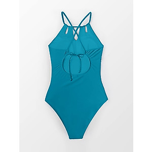 CUPSHE Women's One Piece Swimsuit High Neck Tummy Control Swimwear Bathing Suit Turquoise M