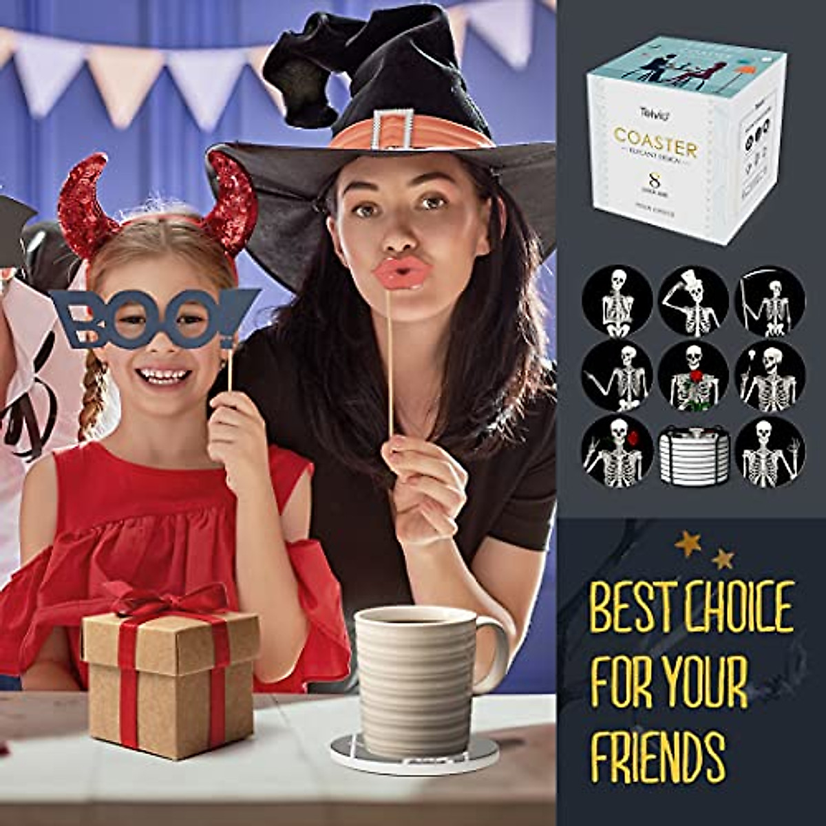 Absorbent Coasters Stone Coaster Set of 8, Cork Base, with Holder, Teivio Funny Skull Skeleton Halloween Coasters for Housewarming Apartment Kitchen Room Bar Décor