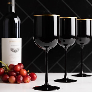 EcoQuality Plastic Black Wine Glasses with Gold Rim - 12 oz Wine Cups with Stem, Disposable Shatterproof Wine Goblets, Reusable, Elegant Drink Cups Tumbler for Weddings, Parties, Receptions (2 PACK)