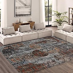 9x12 Area Rugs for Living Room Bedroom, Machine Washable Rug with Low Pile Non-Slip Backing, Soft Large Area Rug Vintage Patchwork Indoor Floor Carpet for Dining Room Nursery Office-Red