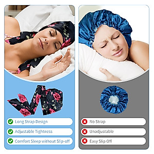 Bonnet with Tie Band Satin Silk Bonnet for Sleeping with Straps Silk Night Cap for Women Curly Hair Natural Long Wraps for Women Sleeping Protects Hair Give Away Red Hair Ring