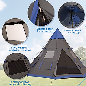 Outsunny 12Ft Camping Tent 6-7 Person 4 Season with 8 Mesh Windows, Outdoor Teepee Tent with Waterproof Material for Family and Friends Camping