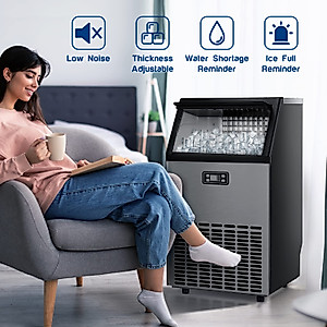 ZAFRO Commercial Ice Maker, 100lbs/24H Ice Machine with 33lbs Ice Bin, Self-Cleaning Under Counter Stainless Steel Freestanding Ice Maker for Restaurant/Bar/Cafe/Office Silver, Includes Scoop