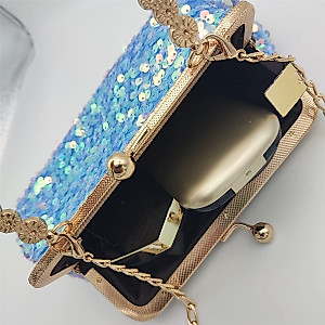 WIGUYUN Women Sequins Evening Handbag Glitter Top Handle Purse Chain Cross-body Bag Blue