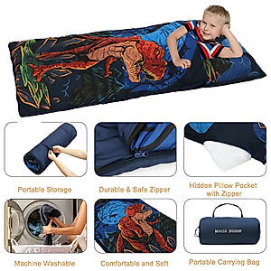 Kids Sleeping Bag, Dinosaur Sleeping Bags for Kids, Slumber Bag with Removable Pillow for Kids Boys Girls, Toddler Sleeping Bags for Daycare Travel Naps and Sleepovers,63" x 30"