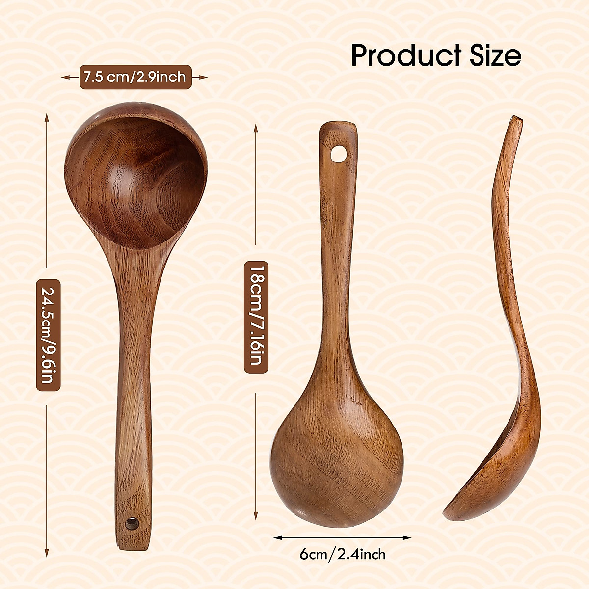 EORTA Set of 2 Wooden Soup Spoons Deep Ladle Natural Wood Sauces/Porridge Soup Flatware with Long Straight Handle Kitchen Serving Tools for Dinner Cooking Catering Gift, Large, Small