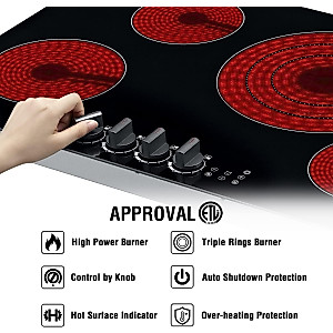 ECOTOUCH Eelectric Cooktop 30 inch 4 Burner 220-240V 6900W, Radiant Electric Cooktop Built-in, 30" Stove Top Knob Control, Timer&Child Safety Lock, for Hard Wire(No Plug), CRAH774A-U