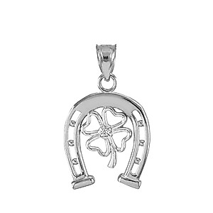 Fine 925 Sterling Silver Lucky Horseshoe with Irish 4-Leaf Clover CZ Pendant