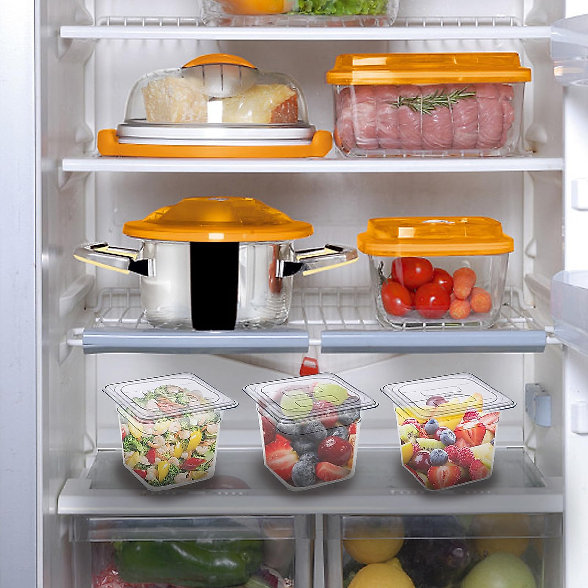 Hyuetrsa 8 Packs Plastic Food Pan with Lids Clear Food Storage Containers 1/6 Size 6 Inch Deep Restaurant Commercial Hotel Pans Stackable Polycarbonate Pan for Vegetables Fruits Beans Corns