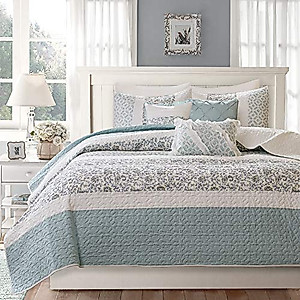 Madison Park 100% Cotton Quilt Set Floral Print, Double Sided Stitching, All Season, Lightweight Coverlet Shabby Chic Bedding Layer, Matching Shams, King/Cal King, Light Teal 6 Piece