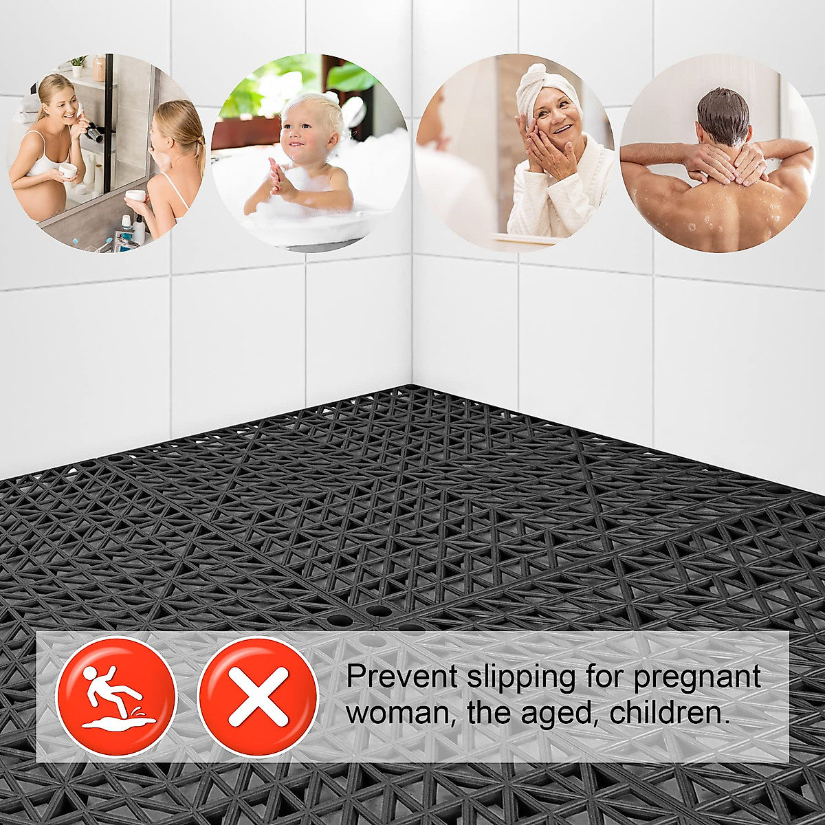 Modular Interlocking Cushion 12 Pack 11.8" x 11.8" Rubber Floor Tiles Non-Slip Splicing Drainage Mats for Deck, Pool, Outdoor Shower, Patio, Balcony, Indoor Bathroom, Kitchen, Yard (Black)