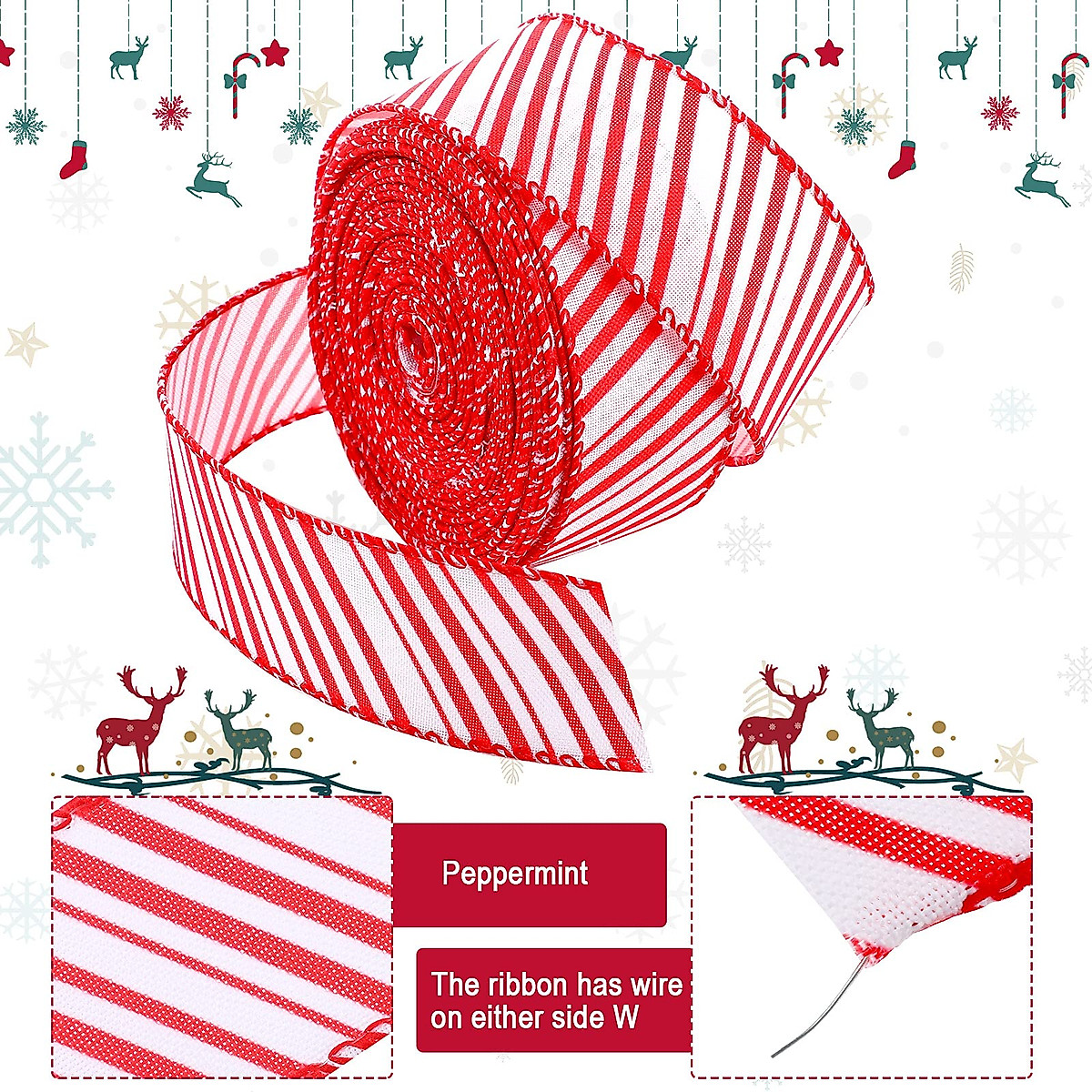 44 Yards Christmas Peppermint Strip Wired Candy Cane Ribbon - Red and White Stripe DIY Craft Ribbon for Christmas Tree Decor, Holiday DIY Garland, Present Wrapping, Wreaths, Bows - 2 Widths