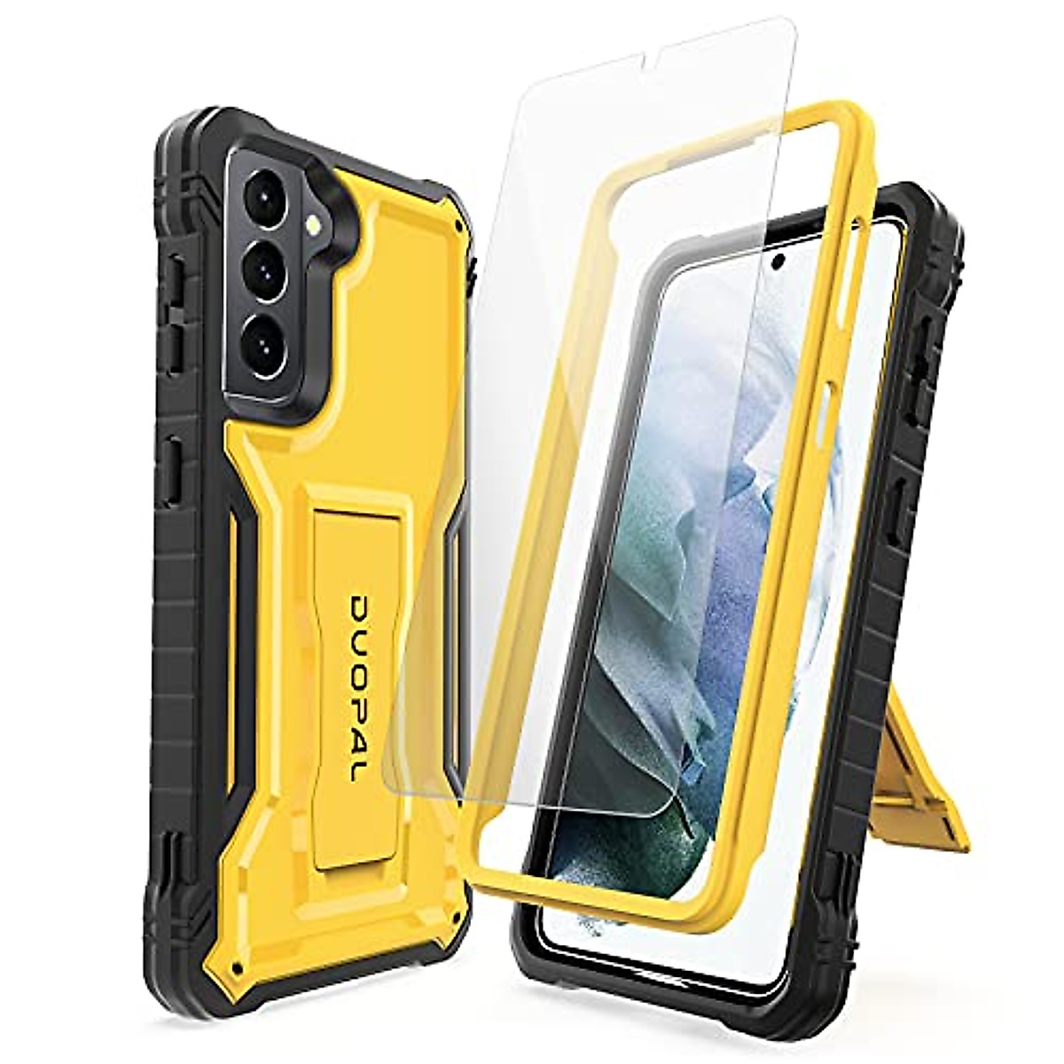 DUOPAL for Samsung Galaxy S21 5G Case [Not Plus or Ultra], Military Grade Protection Shockproof Case with Tempered Glass Screen Protector and Kickstand Compatible with Samsung S21 5G 6.2 Inch (Yellow)