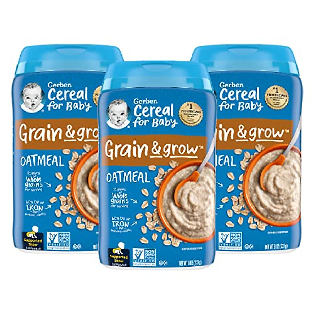 Gerber Cereal for Baby 1st Foods Grain & Grow Oatmeal Cereal, Made with Whole Grains & Essential Nutrients, Non-GMO, For Supported Sitters, 8-Ounce Canister (Pack of 3)