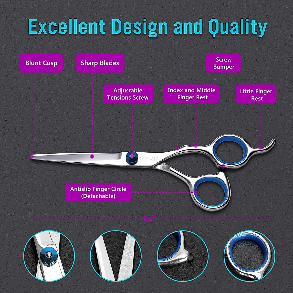 COOLALA Stainless Steel Hair Cutting Scissors 6.5 Inch Hairdressing Razor Shears Professional Salon Barber Haircut Scissors, One Comb Included, Home Use for Man Woman Adults Kids Babies