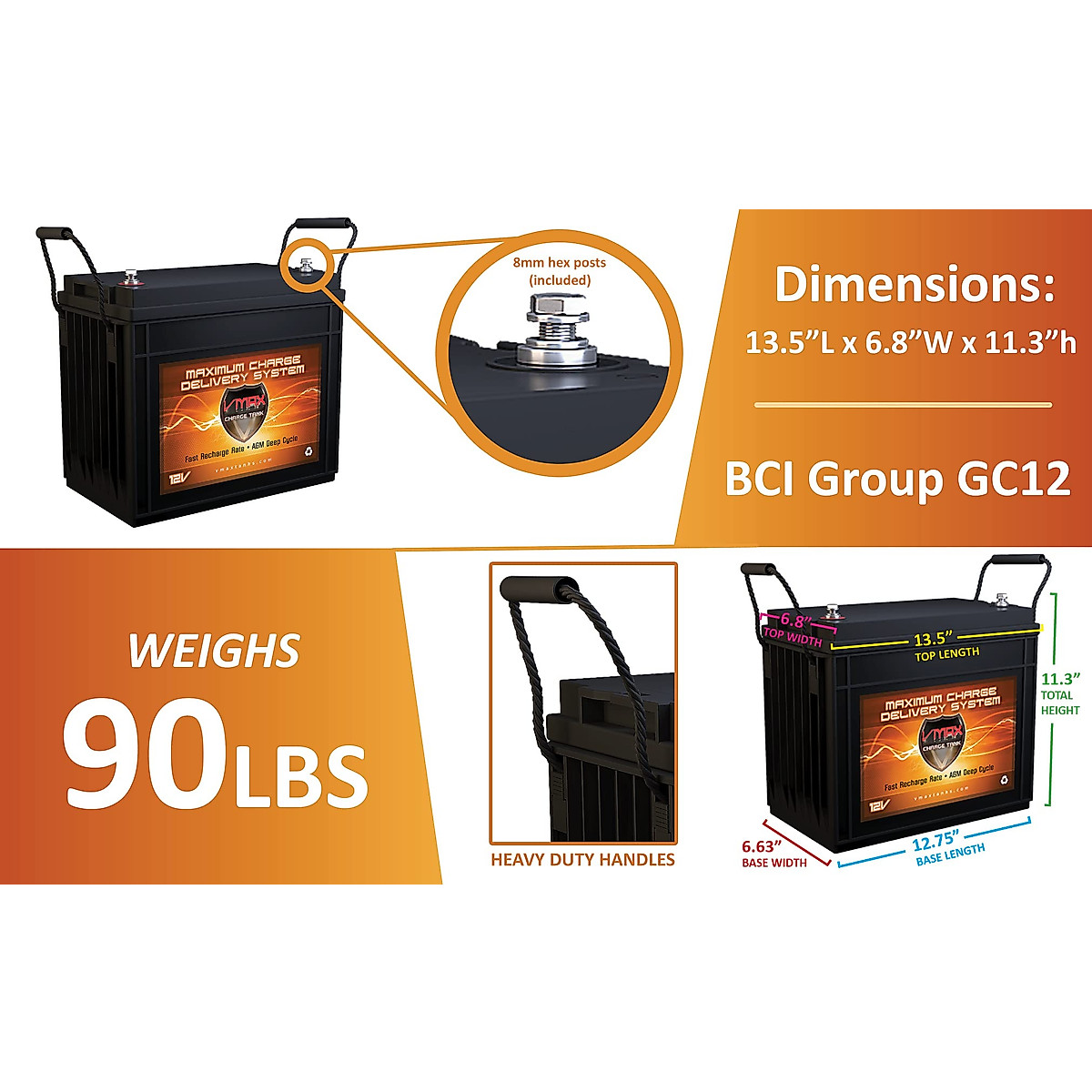 VMAX Solar Battery SLR155 12V 155Ah AGM Deep Cycle Group GC12 Battery Compatible with Solar Panel Backup Enery Storage