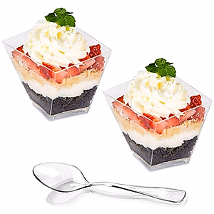 zappy 100 Ct Elegant Square Twist Mini Cube 2 oz with Clear Mini Spoons Clear Tasting Sample Shot Glasses 100 Ct Dessert Cups Disposable Plastic and 100 Mini Dessert Spoons