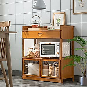 MoNiBloom Bamboo Kitchen Sideboard Shelf Organizer Storage Cabinet with Acrylic Doors and a Drawer Shelf Organizer for Pots and Pans Microwave Oven, Brown
