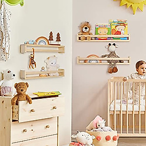 Fun Memories Nursery Book Shelves Set of 2 - Rustic Natural Solid Wood Floating Bookshelf for Kids - Wall Book Shelves Kitchen Spice Rack for Kids Room, Home Decor - Natural Wood - 24 Inch