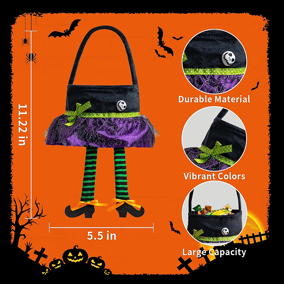 Halloween Trick or Treat Bags for Kids Candy Bucket Tote, Hands Party Favors Basket, Skirt with Foots, Halloween Trick or Trade Bag