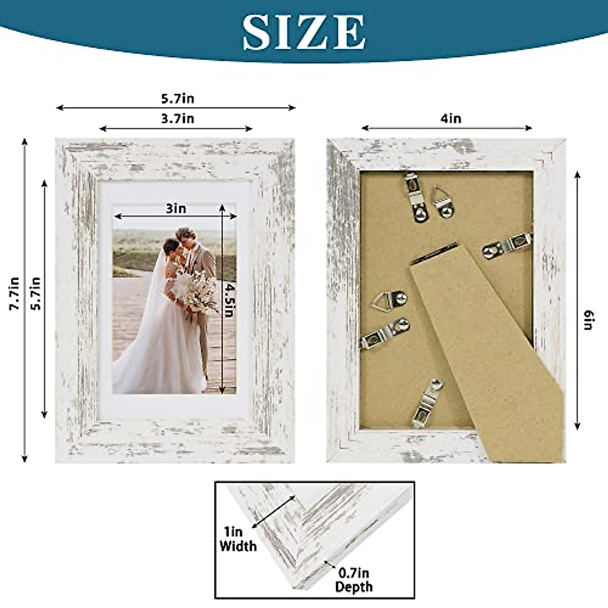 Hongkee 4x6 Picture Frame Set of 4, with Real Glass and Distressed White Wood Frame, Multi 4 by 6 Picture Frame for Wall or Tabletop Display, Display Picture 3.5x5 with Mat or 4x6 Without Mat
