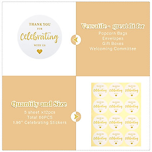 G2PLUS Thank You for Celebrating with Us Stickers,60PCS 2 Inch Round Thank You Sticker Labels for Invitation Envelopes for Wedding, Birthday Baby Shower, Party Favor (Gold)