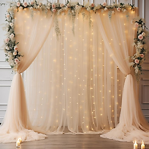 10×10ft Champagne Tulle Backdrop Curtain with Lights String for Parites, Sheer Curtain Backdrop Drapes for Wedding Party Home Decorations