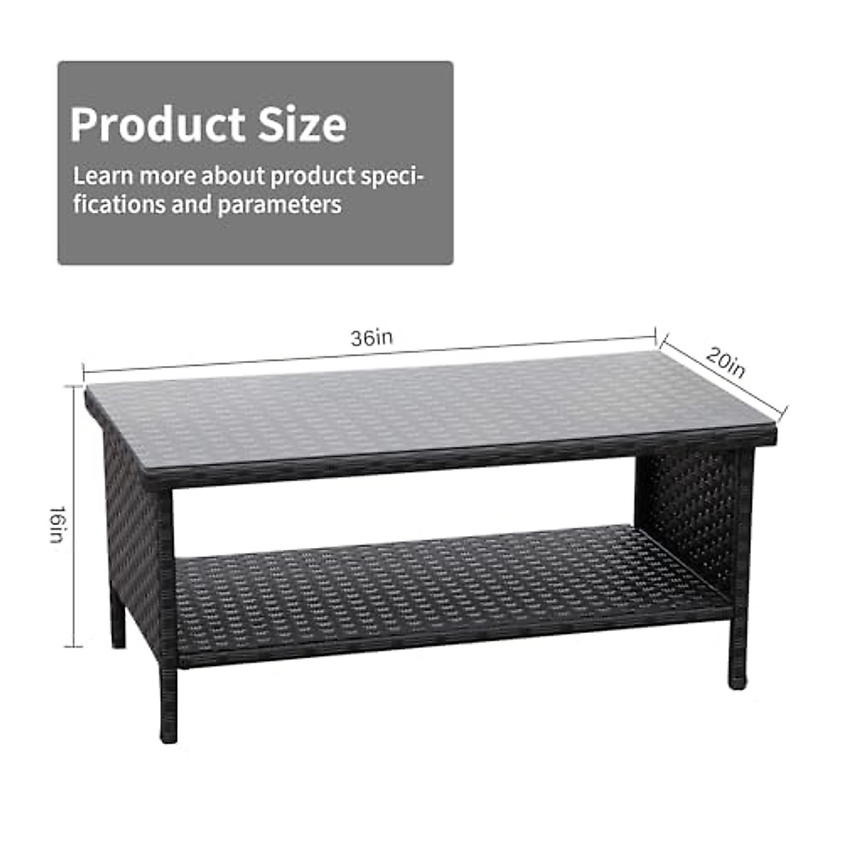 Outdoor Wicker Coffee Table Patio Furniture Garden Rattan 2-Layer Glass Table with Storage and Furniture Cover, Black