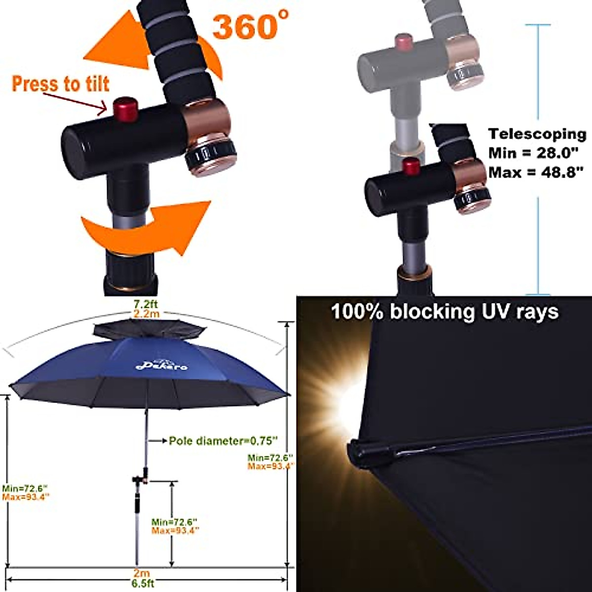 Dekero 7.2ft Windproof Beach Umbrella,UV Protection Portable Umbrella with Sand Anchor,Tilt Aluminum Pole, Carry Bag for Beach Patio Travel Outdoor