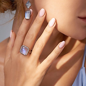 Jupiter 925 Sterling Silver Natural Moonstone Ring with Diamond Square Gemstone Ring Jewelry Gifts for Women (13x13mm Moonstone, Ring Size 6)