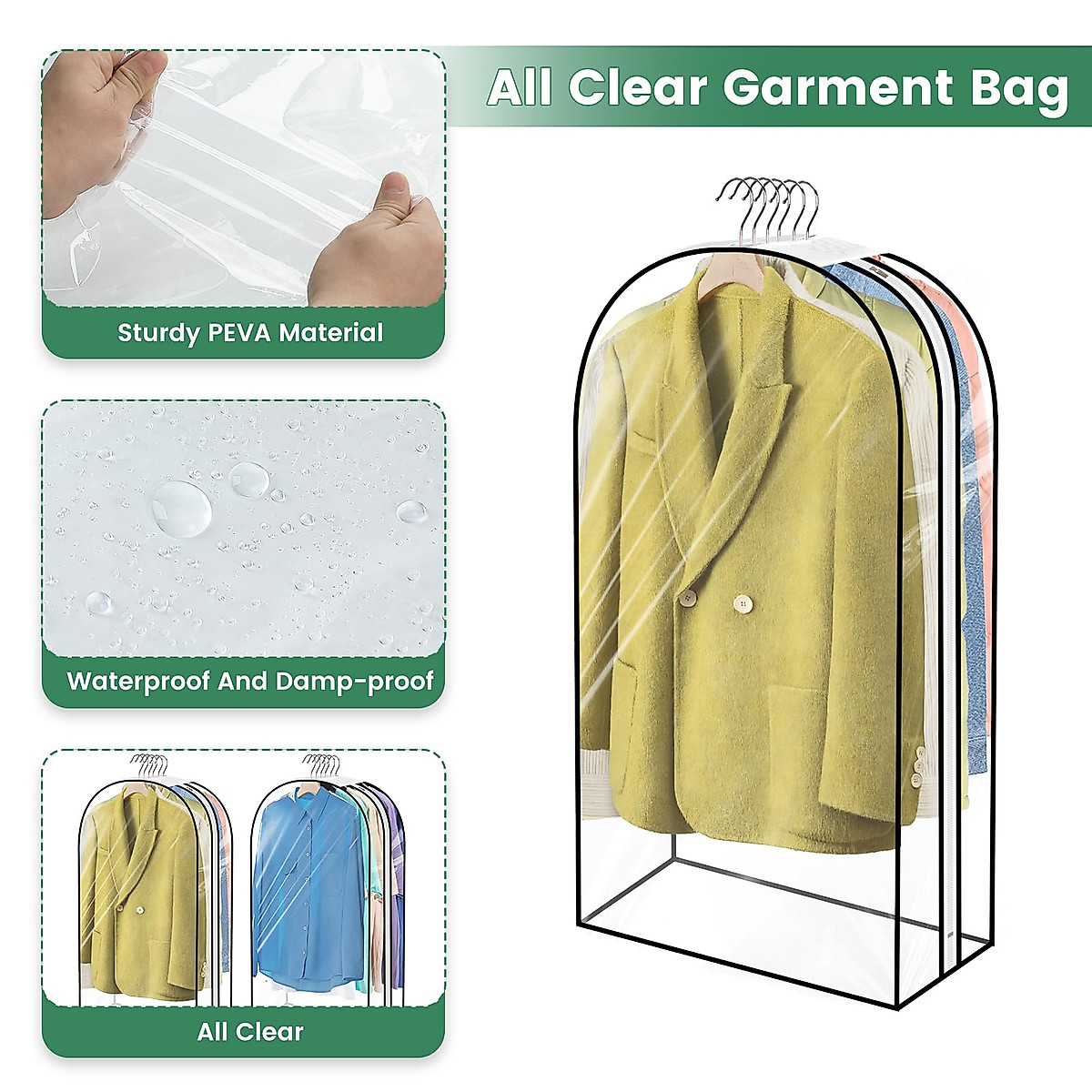 Carbrea Garment Bags for Travel - 43 Inches All Clear Garment Bag for Hanging Clothes 10 Inches Gusseted Suit Bags for Men Travel Dance Bag Clothing Storage Bags for Women Clothes Storage 3 Pack