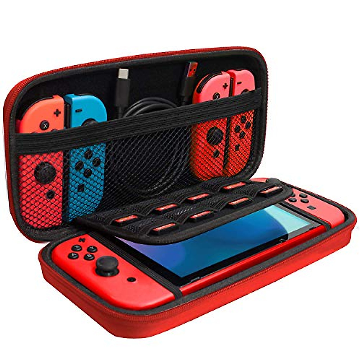 Orzly Switch Accessories Bundle – Carry Case for Nintendo Switch Console (NOT OLED MODEL) Tempered Glass Screen Protectors, USB Charging Cable, Switch Games Case, Comfort Grip Case & Headphones - RED