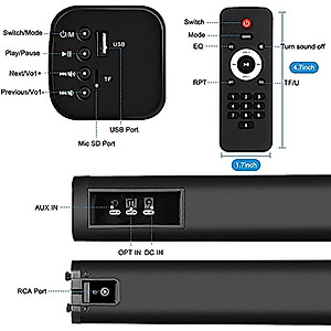 keatalker Sound Bar Portable Soundbar for Home Theater Wireless Speakers 3D Surround Sound with Built-in Subwoofers for TV PC Phones Tablets with Remote Control(37")
