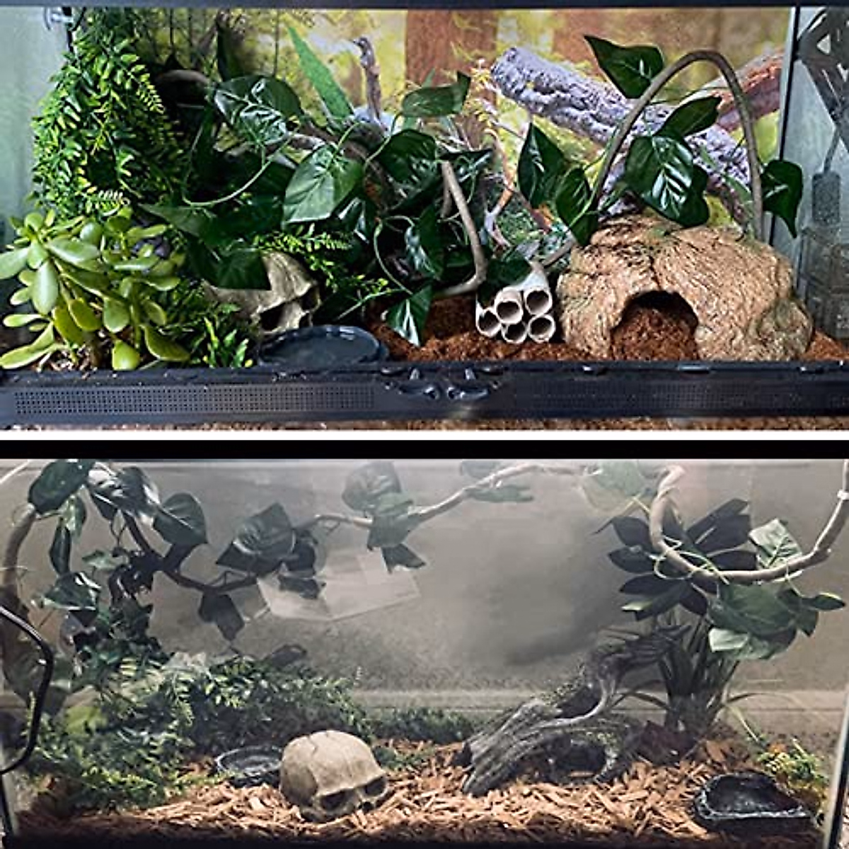 Tfwadmx Reptiles Skull Hide Decorations Bearded Dragon Tank Accessories Terrarium Ornament Gecko Hideouts Cave Snake Habitat Jungle Climber Bendable Vines Leaves for Lizards,Chameleon,Spider (4 Pcs)