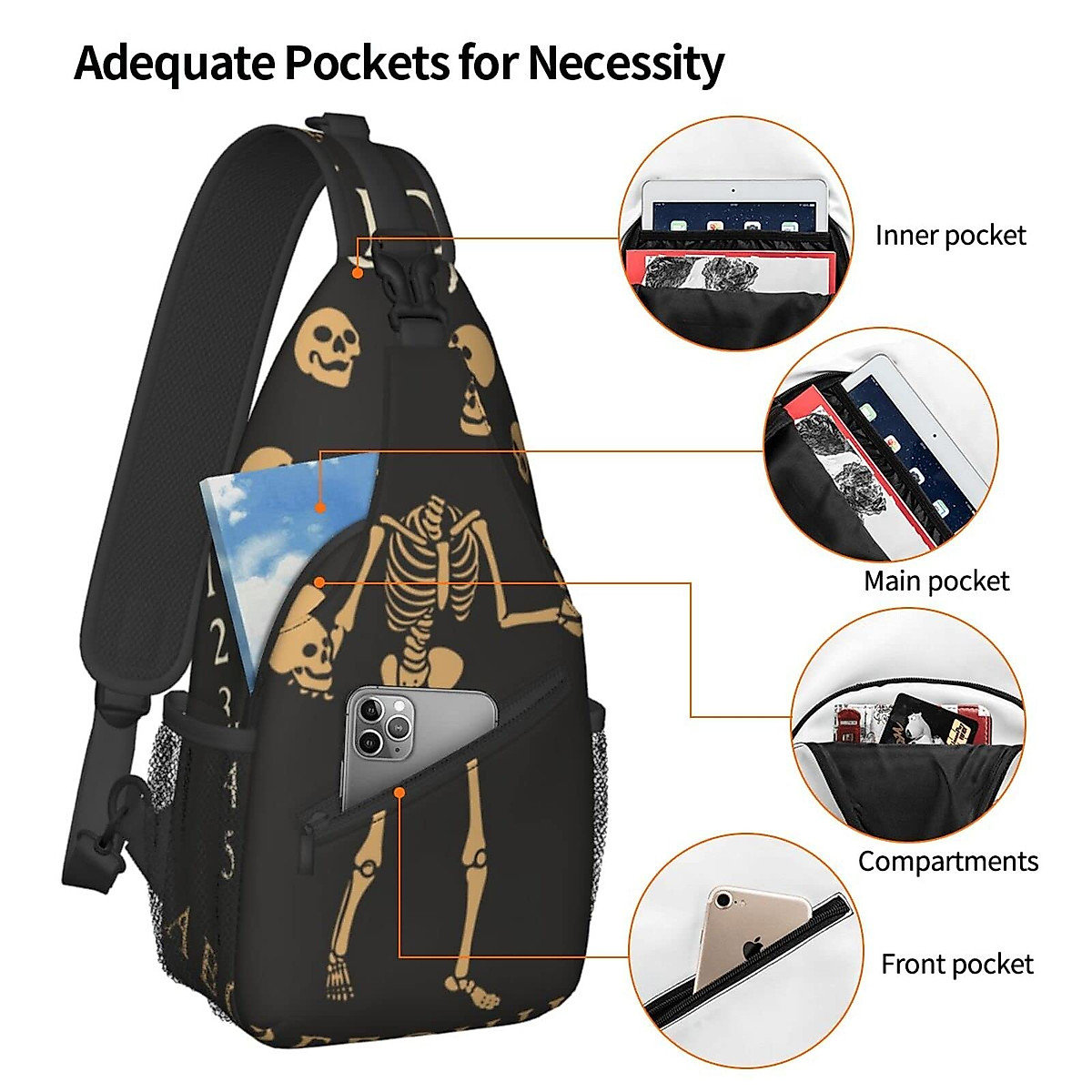 SWEET TANG Mens Sling Bag Shoulder Backpacks Spirit Board With Skeletons Chest Bags, Anti Theft Crossbody Bag Multi Purpose Daypacks for Hiking Sports, for Teens